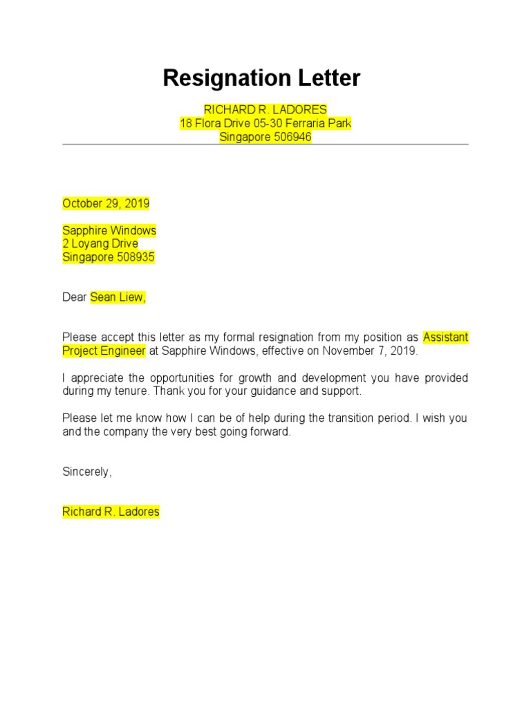 Formal Resignation Letter Template | PDF | Business | Law