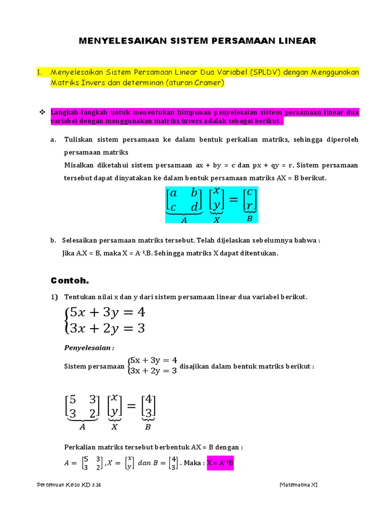 Materi Menyelesaikan Sistem Persamaan Linear Dengan Matriks | PDF