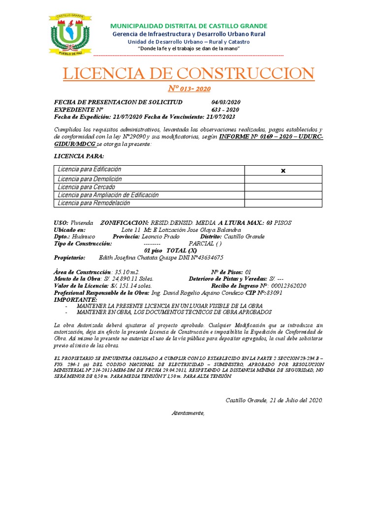 LICENCIA DE CONSTRUCCION 013 Edith Josefina Chatata Quispe | PDF