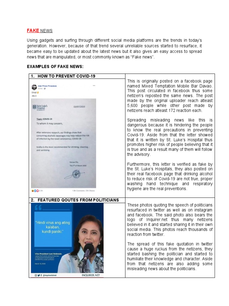 Examples of Fake News: 1. How To Prevent Covid-19 | PDF | News | Facebook