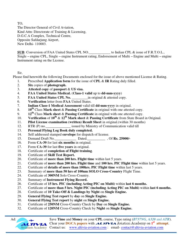 CPL Licence Conversion Covering Letter (Sample) | Aviation Safety ...