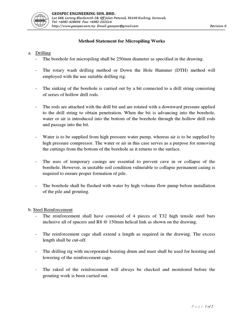 Method Statement For Micropiling Works-Jbt. Kedua Sg. Yong | PDF | Deep ...
