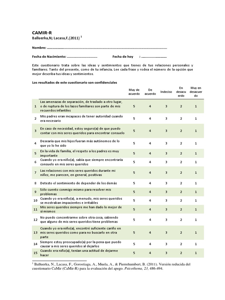 Cuestionario CAMIR-R sobre apego | PDF | Ciencias del comportamiento ...