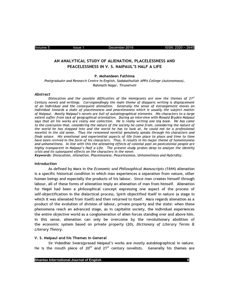 An Analytical Study of Alienation, Placelessness and Peacelessness in V ...