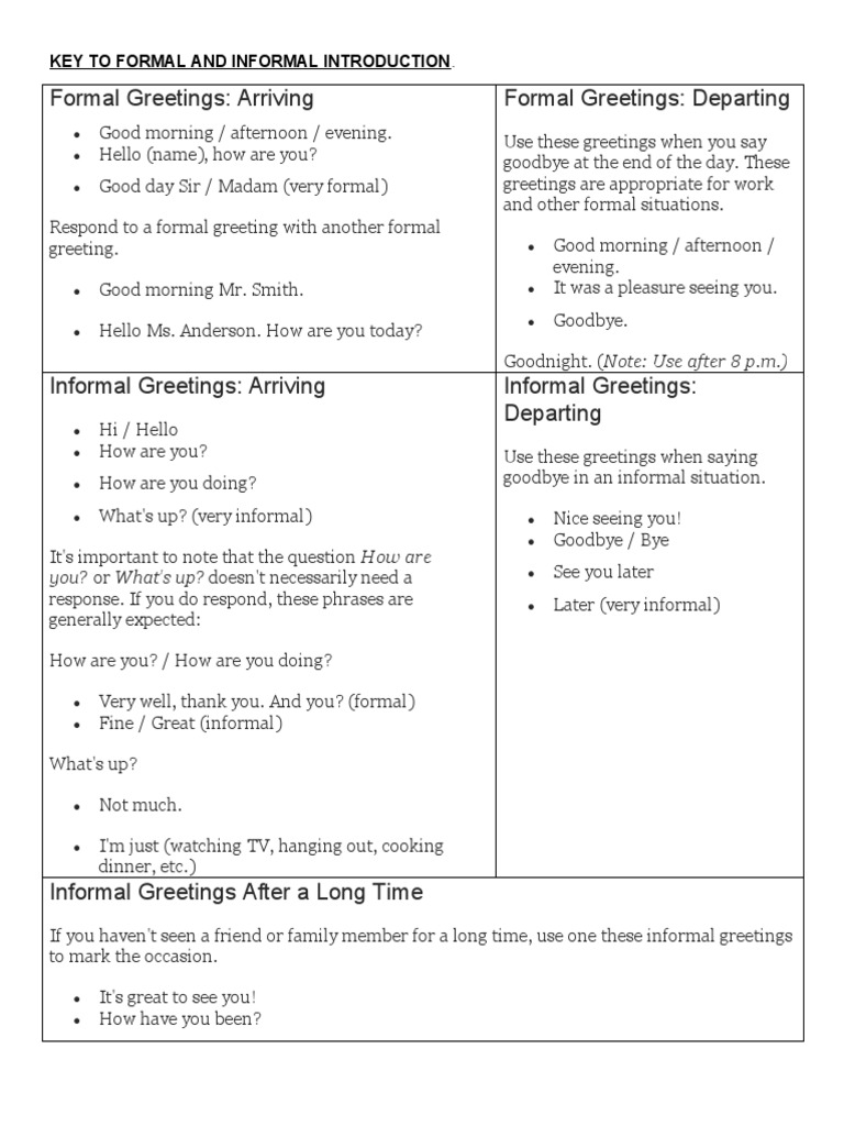 Key To Formal and Informal Introduction | PDF