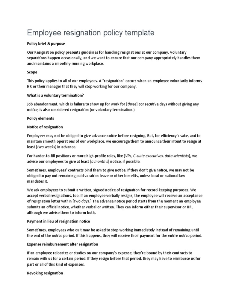 Employee Resignation Policy Template | PDF | Sick Leave | Employment