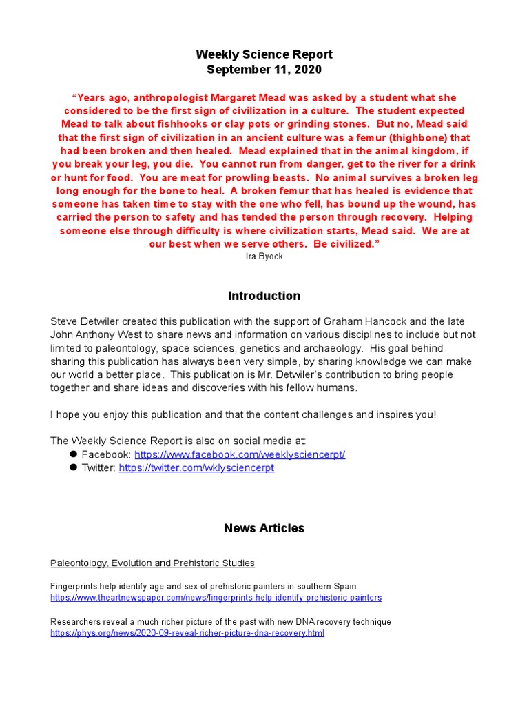 Weekly Science Report 11th Sept 2020 | PDF | Archaeology | Milky Way