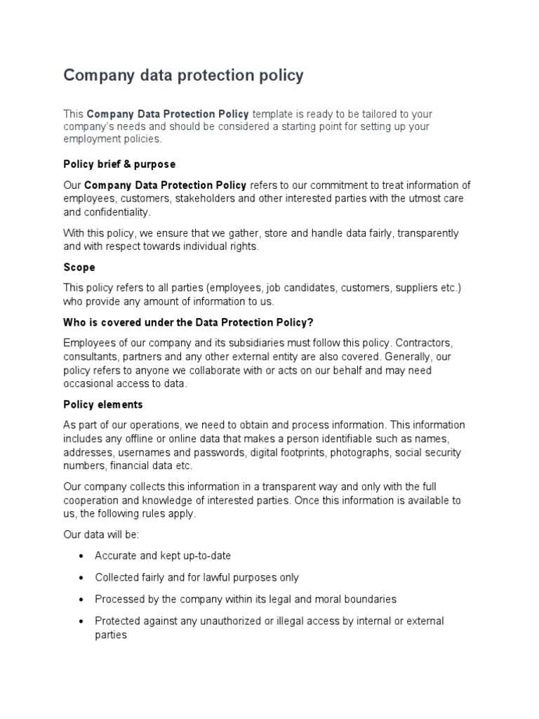Company Data Protection Policy Template | PDF | Information Privacy ...