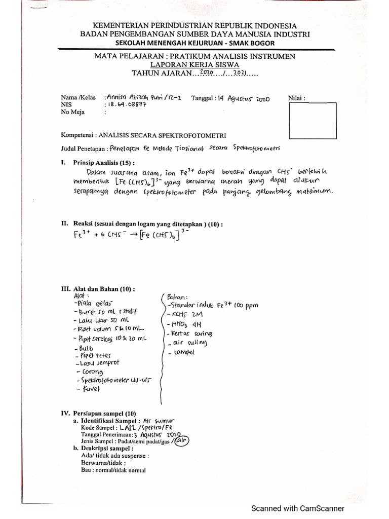 Penetapan Konsentrasi Fe Metode Tiosianat Secara Spektrofotometri (XII ...
