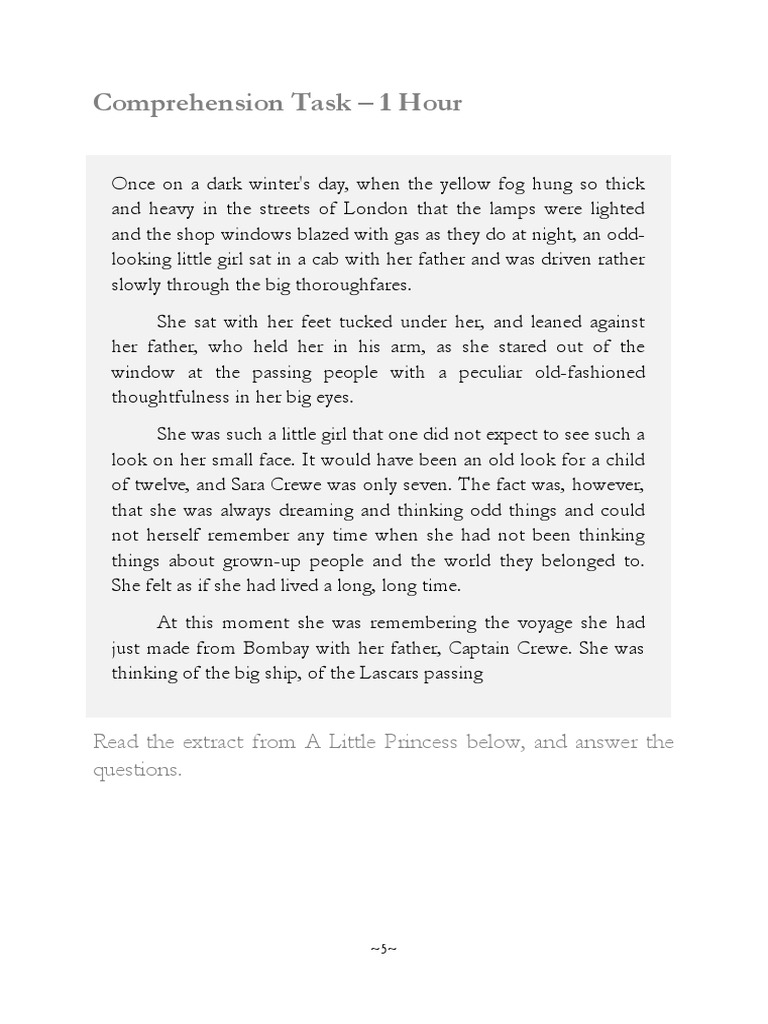 Comprehension Task - 1 Hour: Read The Extract From A Little Princess ...