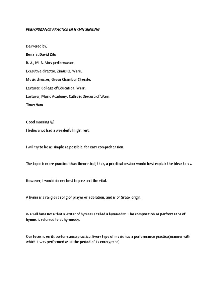 Performance Practice in Hymn Singing by Benafa David Zitu | PDF | Hymns | Singing