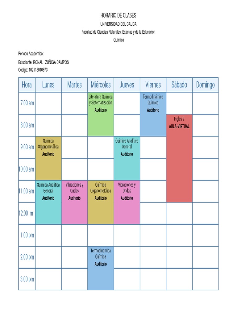 Ejemplo De Horario De Clases En La Universidad Crea Horarios