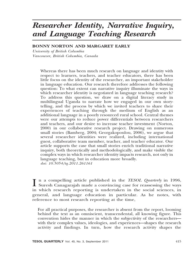 Researcher Identity, Narrative Inquiry, and Language Teaching Research ...