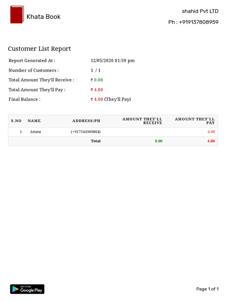 Khata Book: Customer List Report | PDF