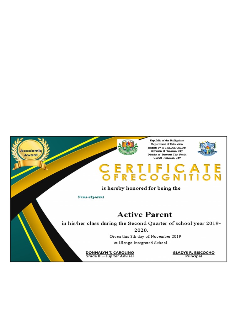 Active Parent Recognition Certificate | PDF