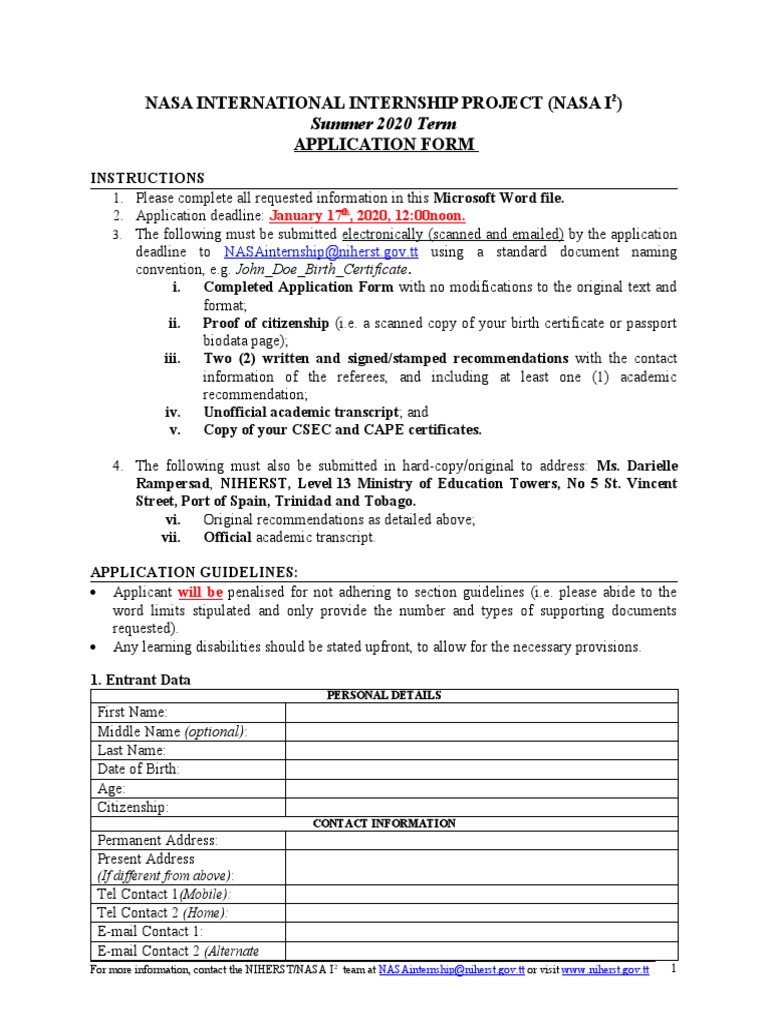 Nasa International Internship Project (Nasa I) Application Form | PDF ...