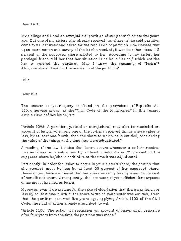 Action For Rescission of Partition On Account of Lesion | PDF | Common ...