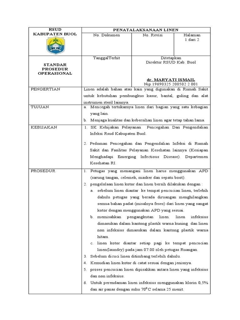 Sop Penatalaksanaan Linen | PDF