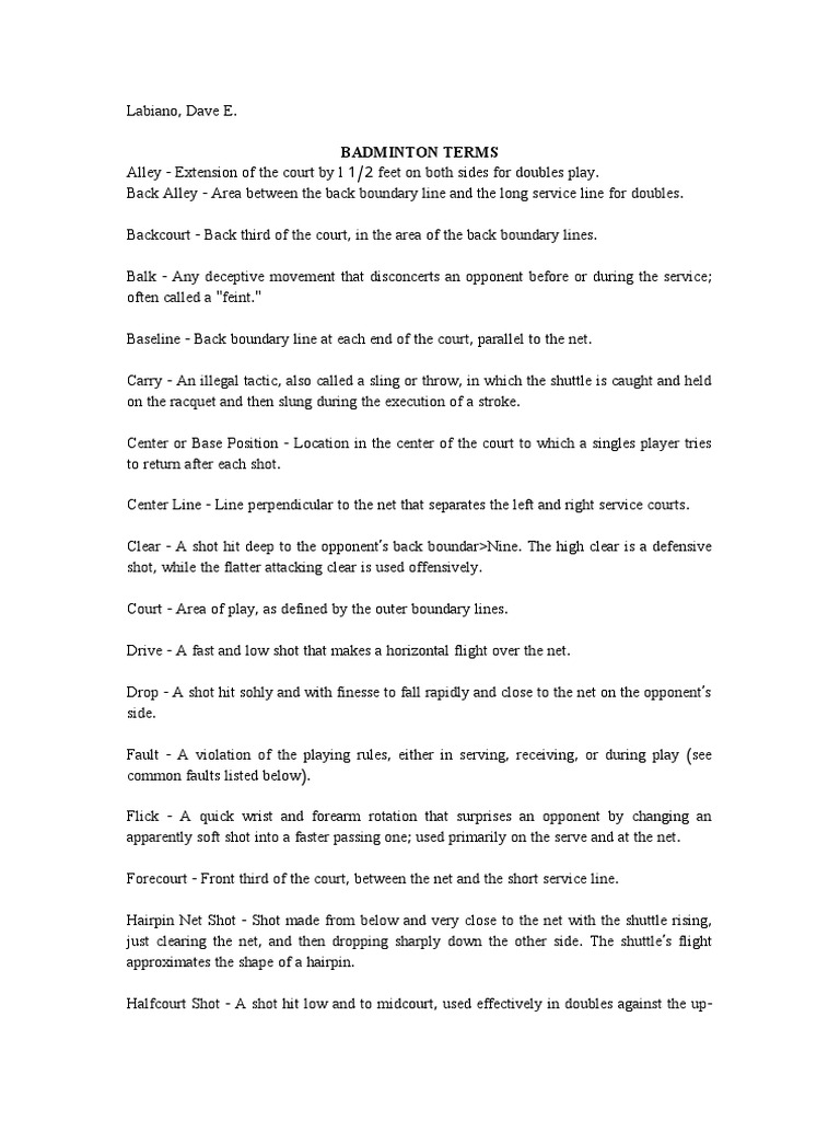 A Comprehensive Glossary of Badminton Terms | PDF | Games Of Physical ...