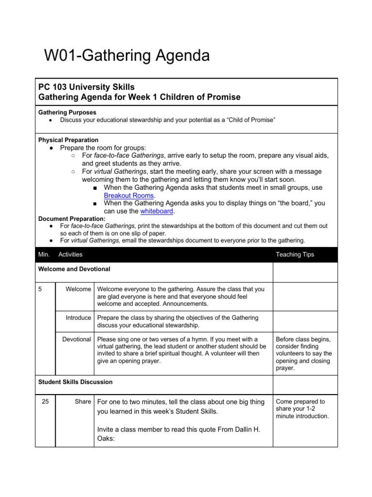 W01-Gathering Agenda: PC 103 University Skills Gathering Agenda For ...