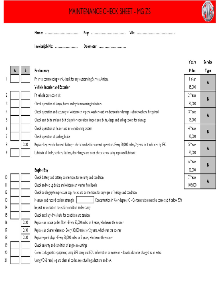 MG ZS Service and Maintenance Schedule | PDF | Brake | Manufactured Goods