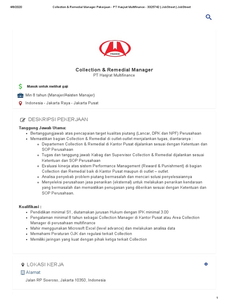 Collection & Remedial Manager Pekerjaan - PT Hasjrat Multifinance ...