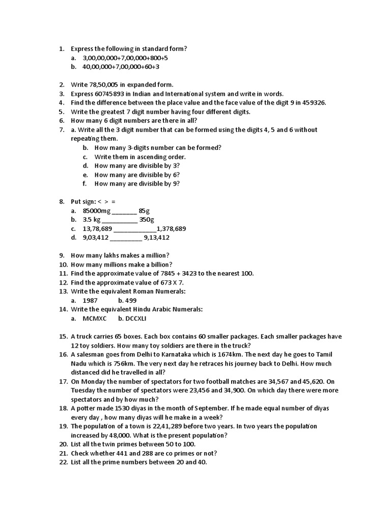 Class 4 Number System Worksheet | PDF | Teaching Methods & Materials