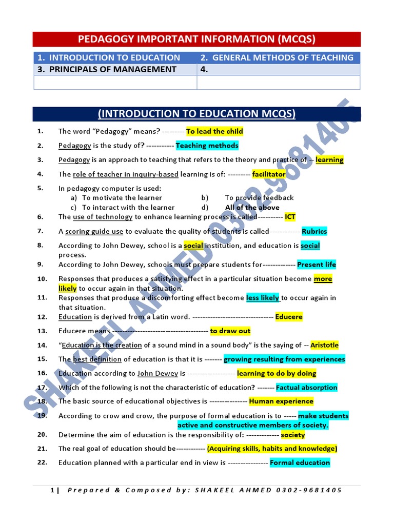 Introduction To Education MCQS | PDF | Pedagogy | Educational Assessment