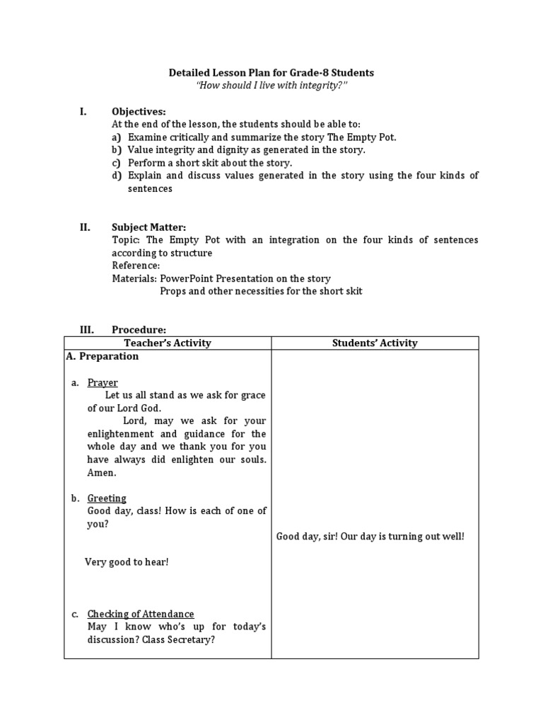 Detailed Lesson Plan For Grade-8 Students: "How Should I Live With ...