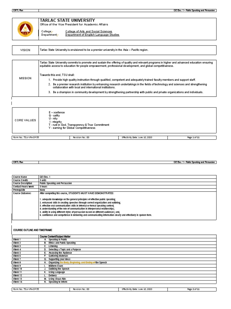 NEW OBTL Plan Public Speaking and Persuasion | PDF | Public Speaking ...