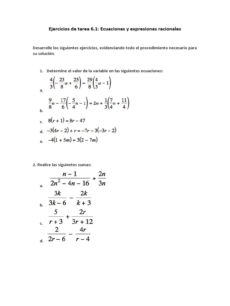 Ejercicios de Tarea 6.1 Ecuaciones y Expresiones Racionales | PDF