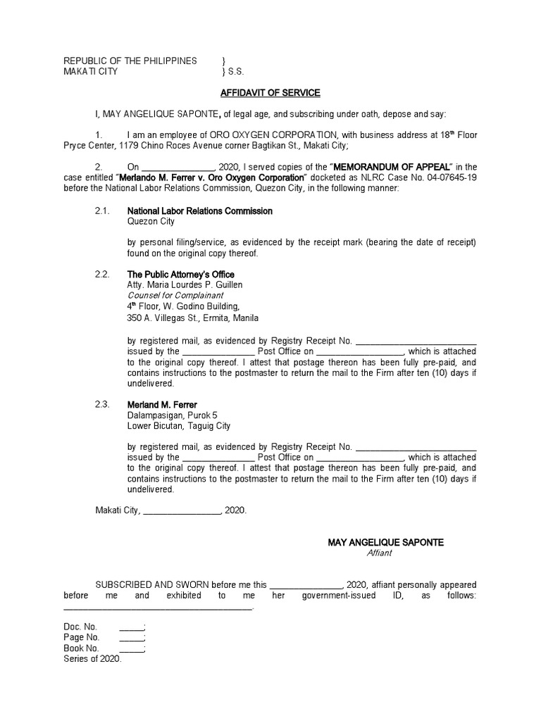 Affidavit of Service | PDF | Affidavit | Service Industries