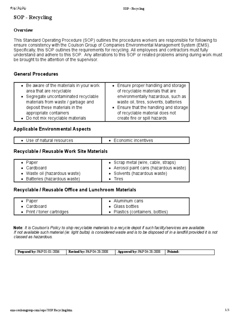 SOP - Recycling PDF | PDF | Recycling | Reuse