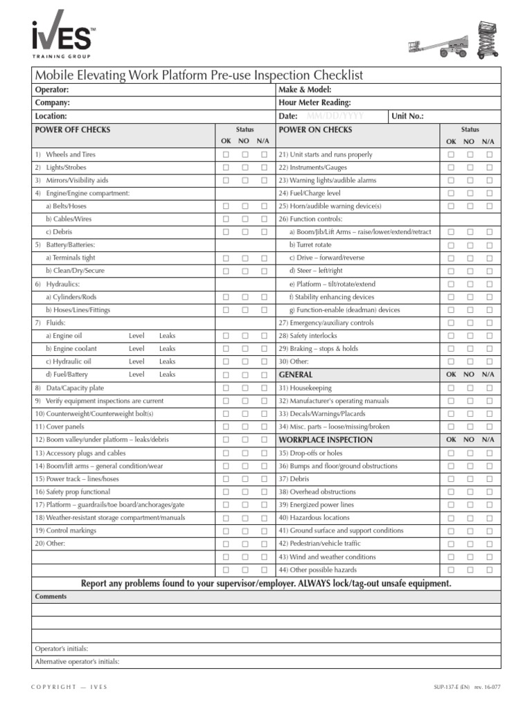 Mobile Elevating Work Platform Pre-Use Inspection Checklist | PDF ...