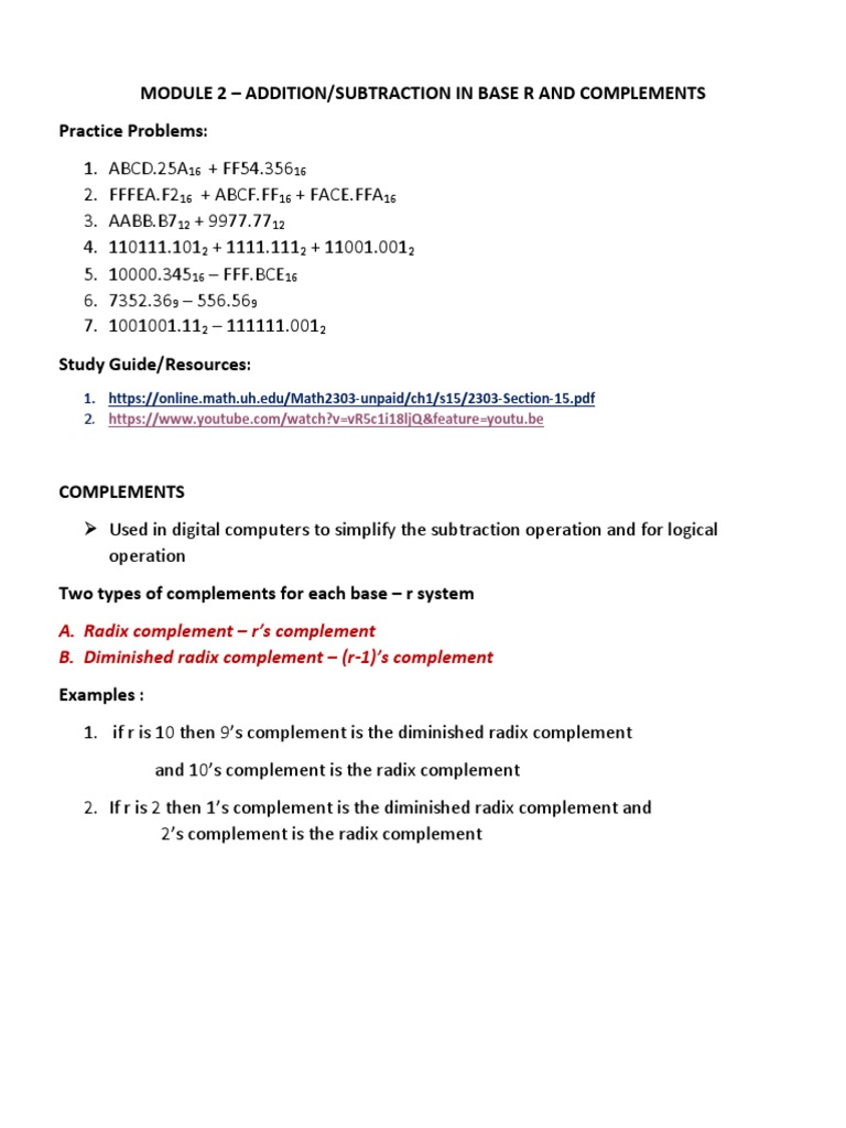 Base Arithmetic & Complements Guide | PDF | Subtraction | Numbers