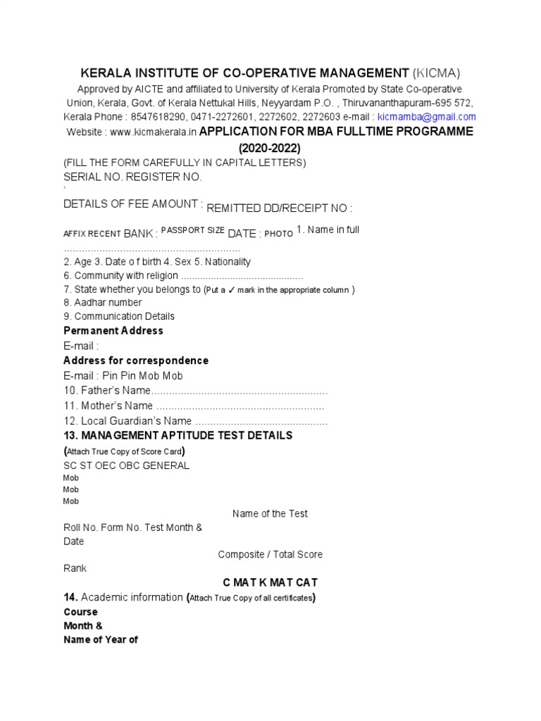 KICMA MBA Application Form Guide | PDF