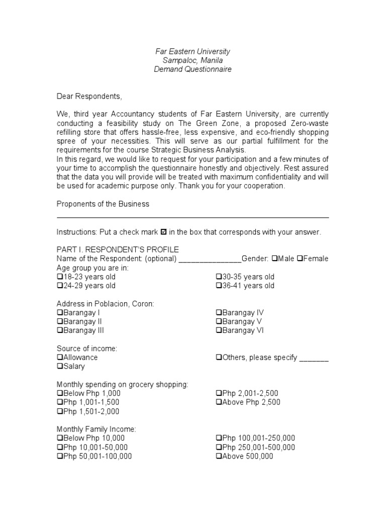 Far Eastern University Sampaloc, Manila Demand Questionnaire | PDF ...