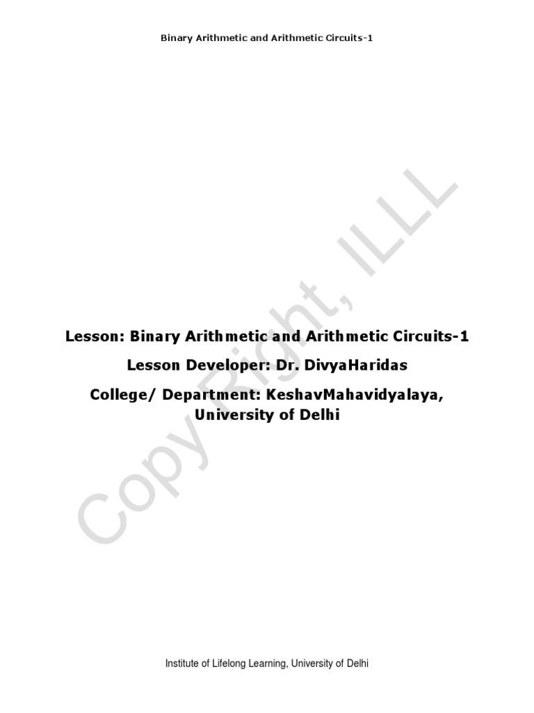 Binary Arithmetic And Arithmetic Circuits 1 Pdf Subtraction Arithmetic 