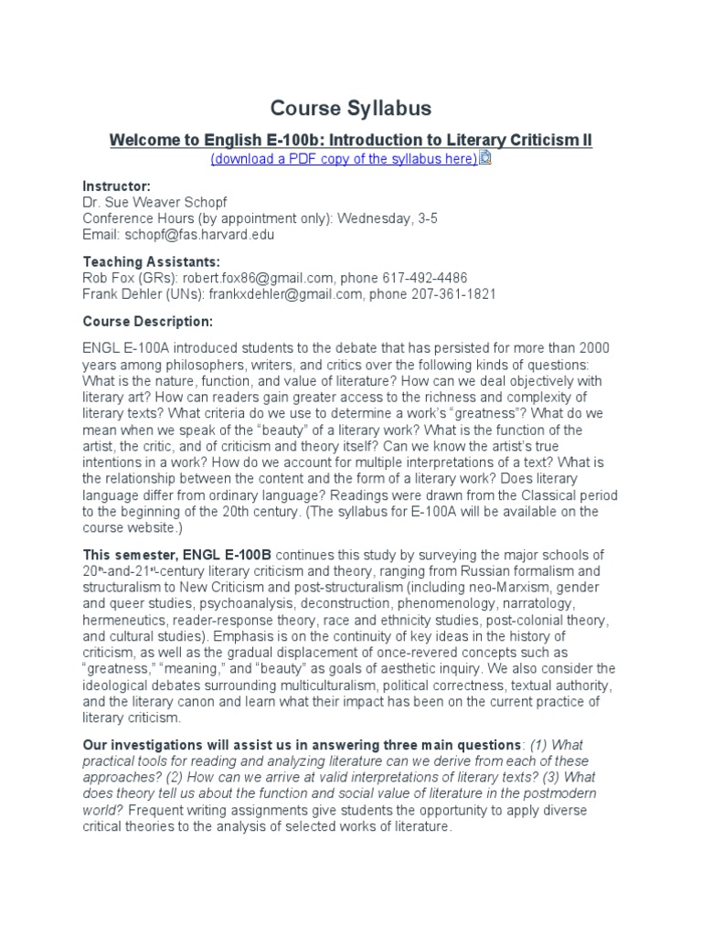 Course Syllabus Lit - Crit | PDF | Aesthetics | Literary Criticism