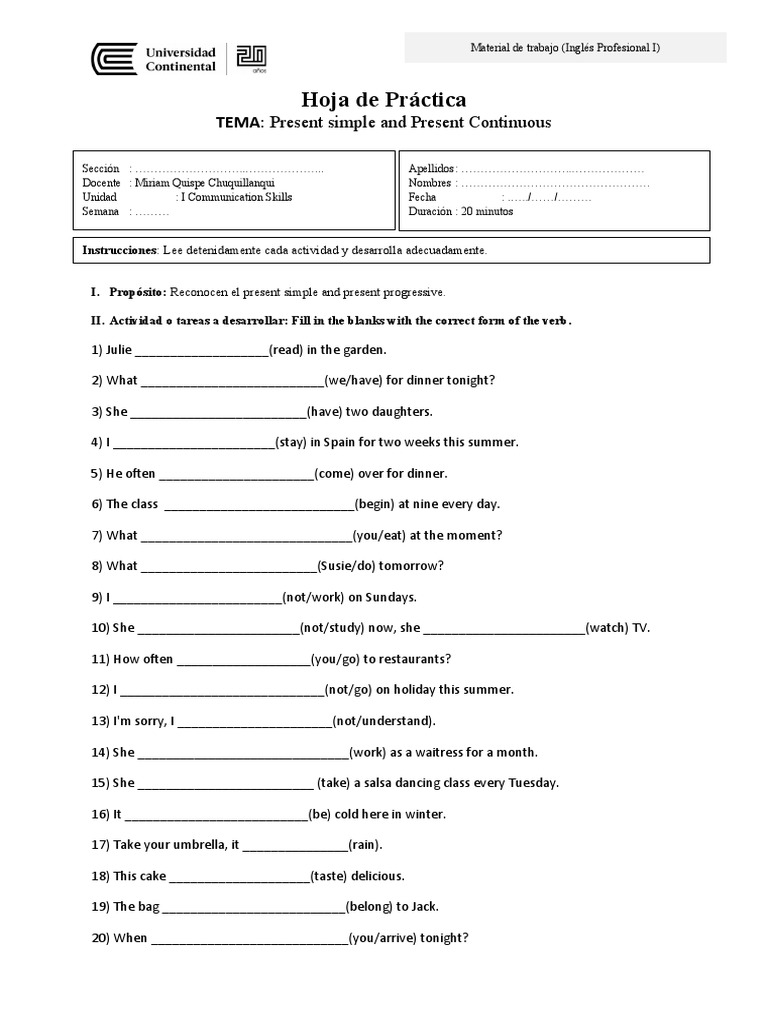 Hoja de Práctica - Present Simple and Continuous | PDF