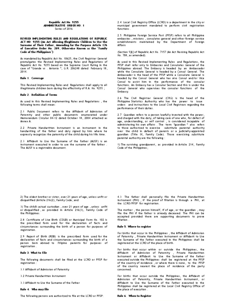 Revised IRR RA 9255 | PDF | Birth Certificate | Consul (Representative)