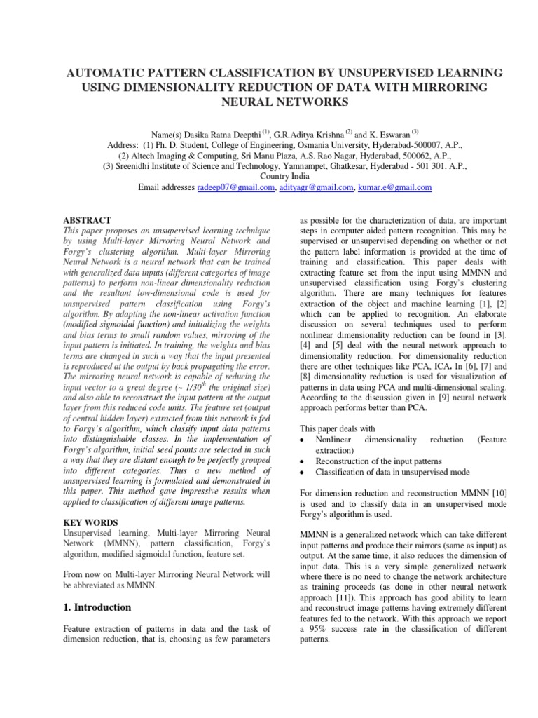 Automatic Pattern Classification By Unsupervised Learning Using Dimensionality Reduction Of Data