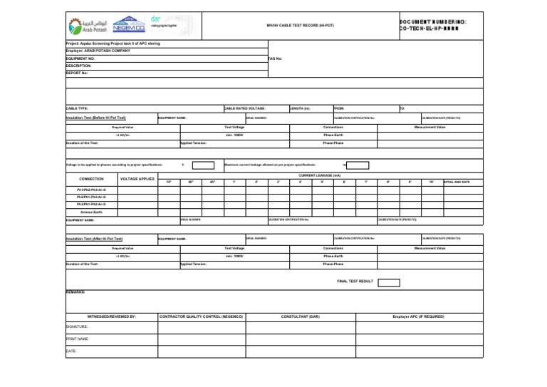 MV Cable Hi-Pot Test Shet | PDF | Calibration | Electrical Equipment