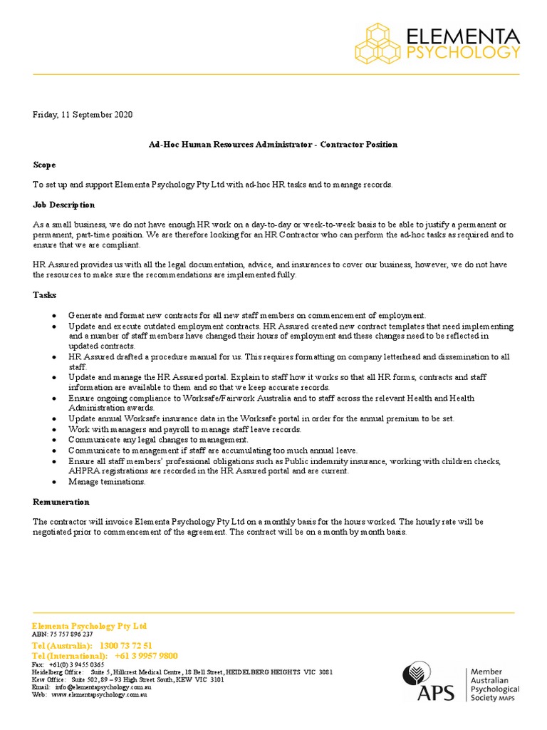 Ad-Hoc HR Contractor Position at Elementa | PDF | Insurance | Labour