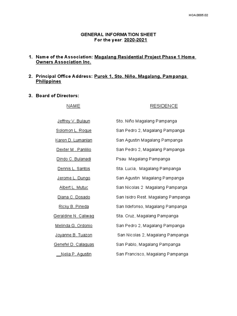 General Information Sheet For The Year: 2020-2021: Name Residence | PDF