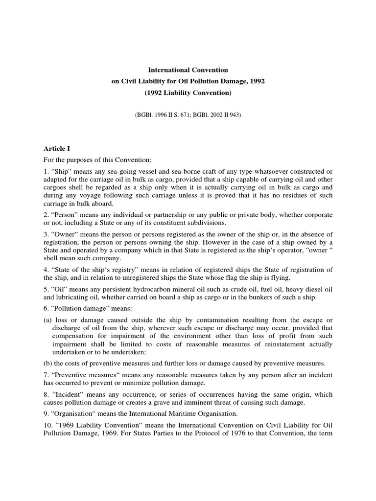 1992 Oil Pollution Liability Convention | PDF | Territorial Waters | Ships