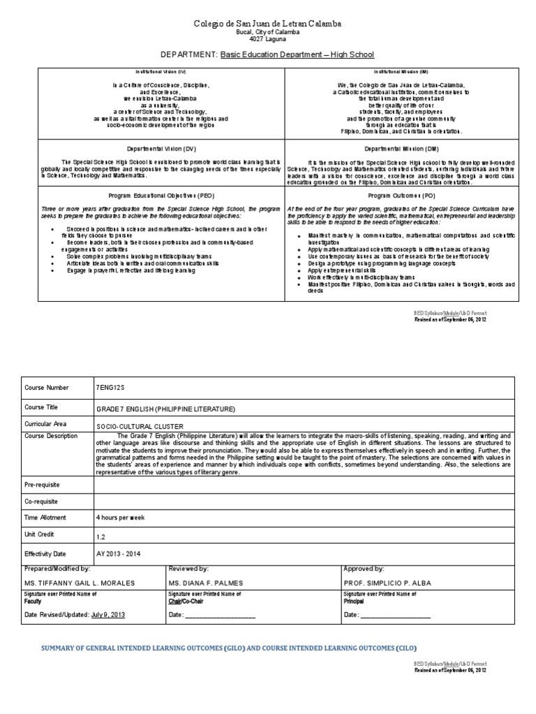 Colegio de San Juan de Letran Calamba: DEPARTMENT: Basic Education ...