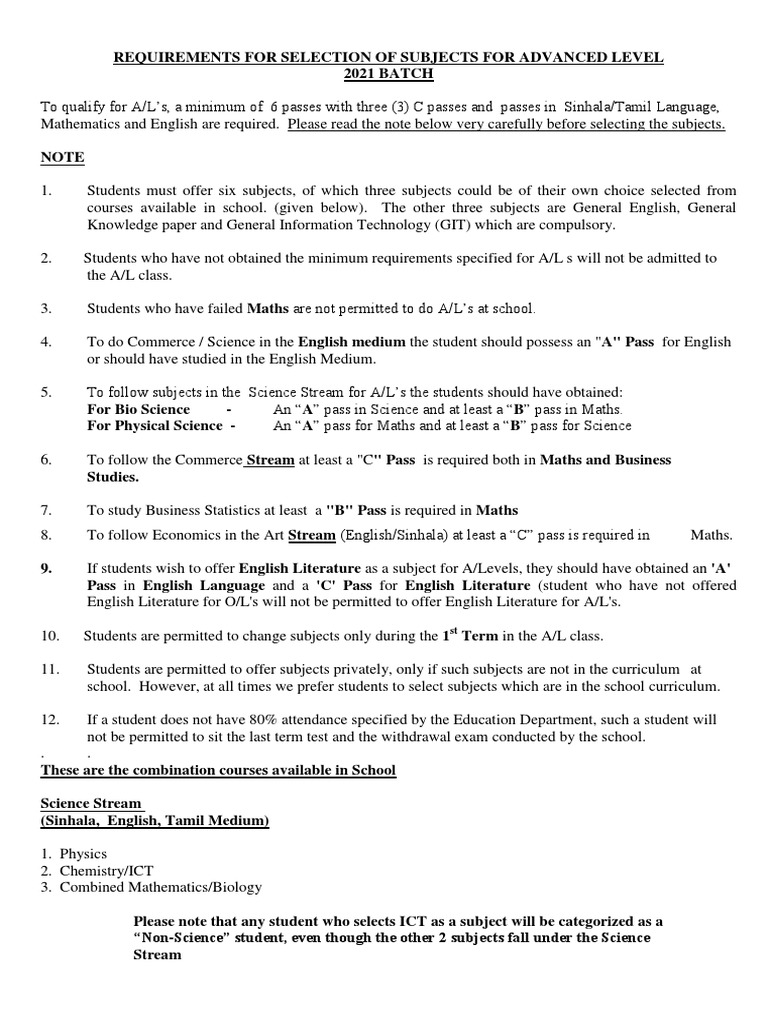 Requirements For Selection of Subjects For Advanced Level 2021 | PDF ...