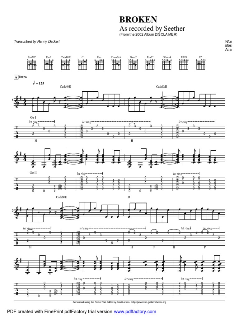 Broken: Transcribed by Renny Deckert Words by Shaun Morgan Music by ...
