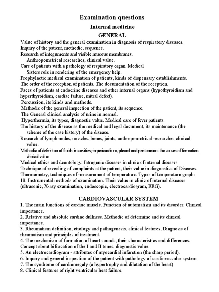 Examination Questions: Internal Medicine General | PDF | Heart | Pneumonia
